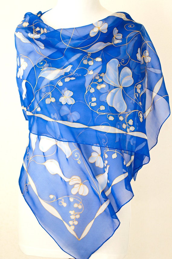 Blue Silk Scarf Hand Painted With White Flowers and Gold | Etsy