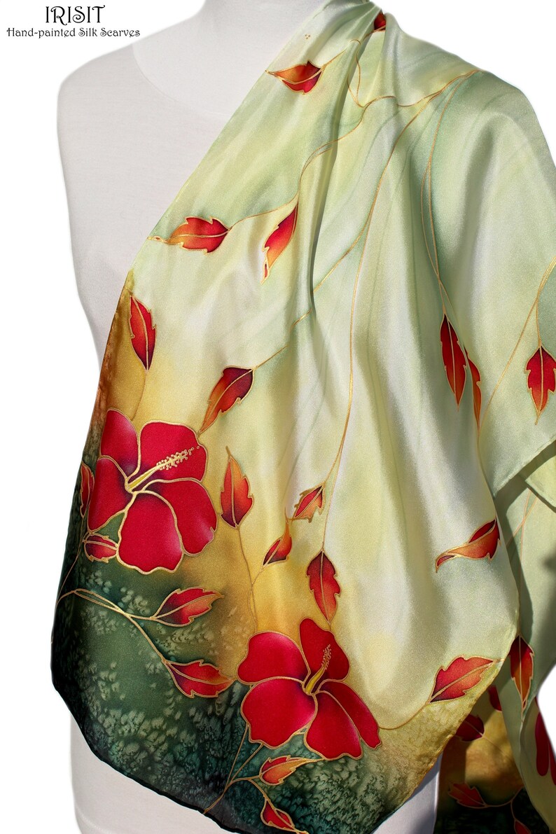 Red Gold Silk Scarf Floral Hand Painted Gray Sage Fiery Red Flowers ...