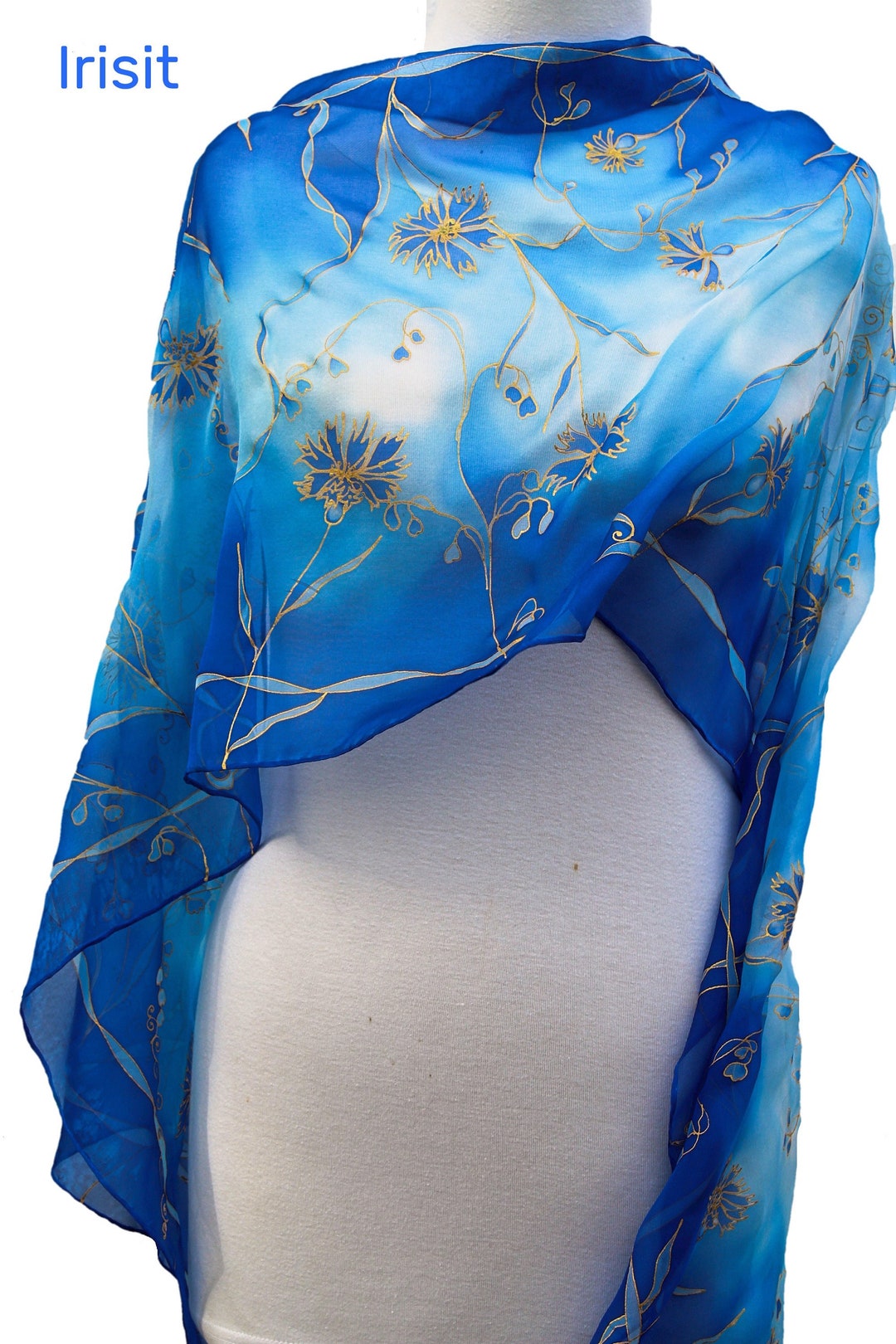 Hand-painted Blue Cornflower Silk Scarf: Gold Floral Chiffon Shawl - Etsy
