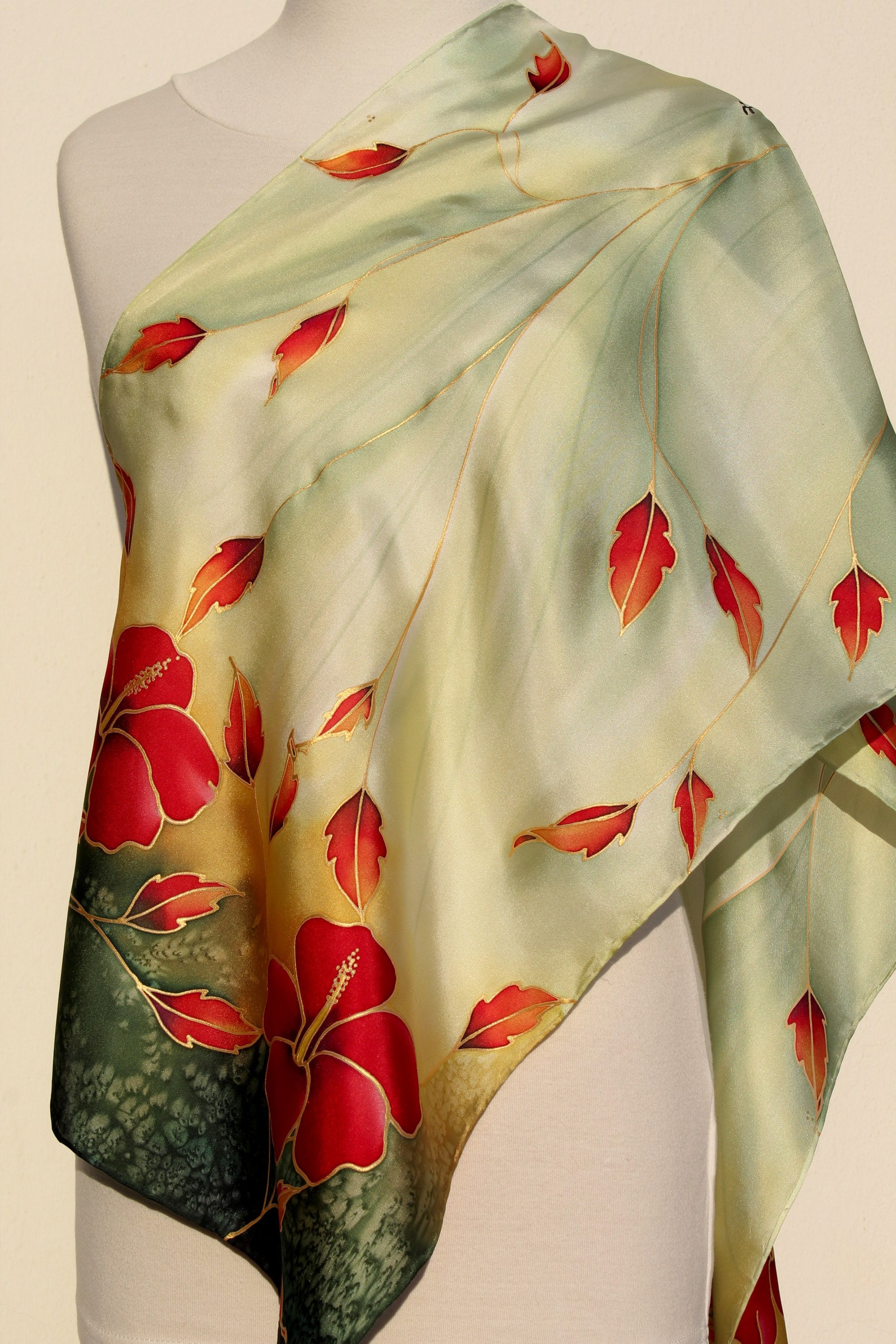Red Gold Silk Scarf Floral Hand Painted Gray Sage Fiery Red Flowers ...