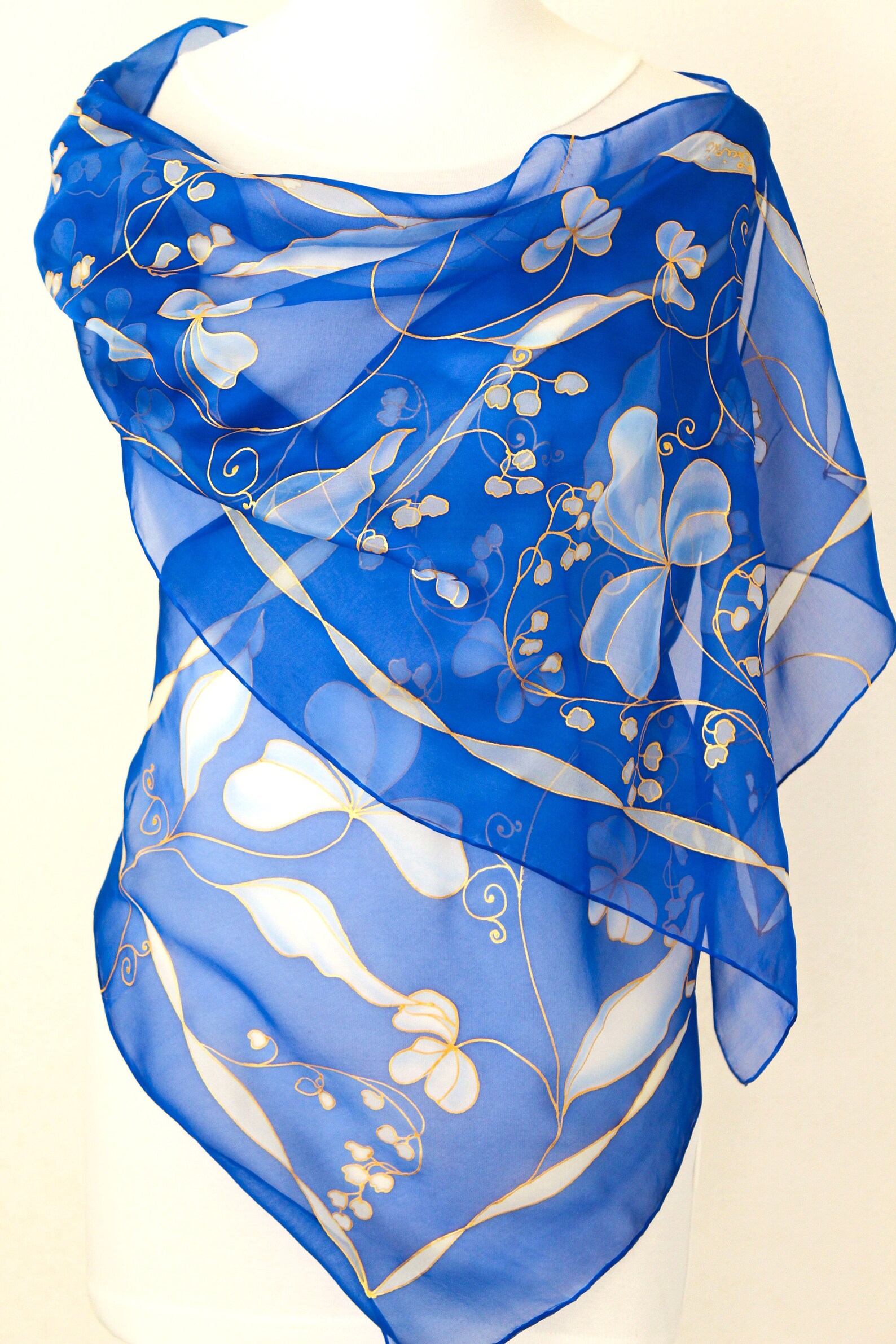 Blue Silk Scarf Hand Painted With White Flowers and Gold - Etsy
