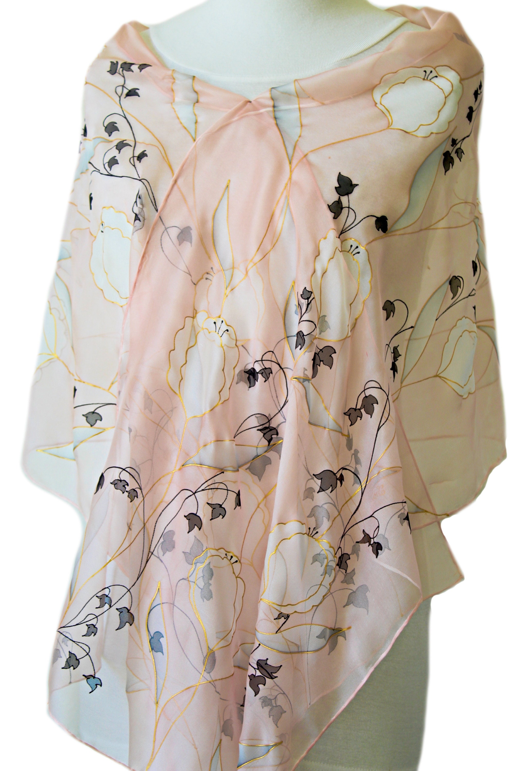 Blush Silk Scarf Long Handpainted - Rose Gold Chiffon Wrap - Dusty Pink ...