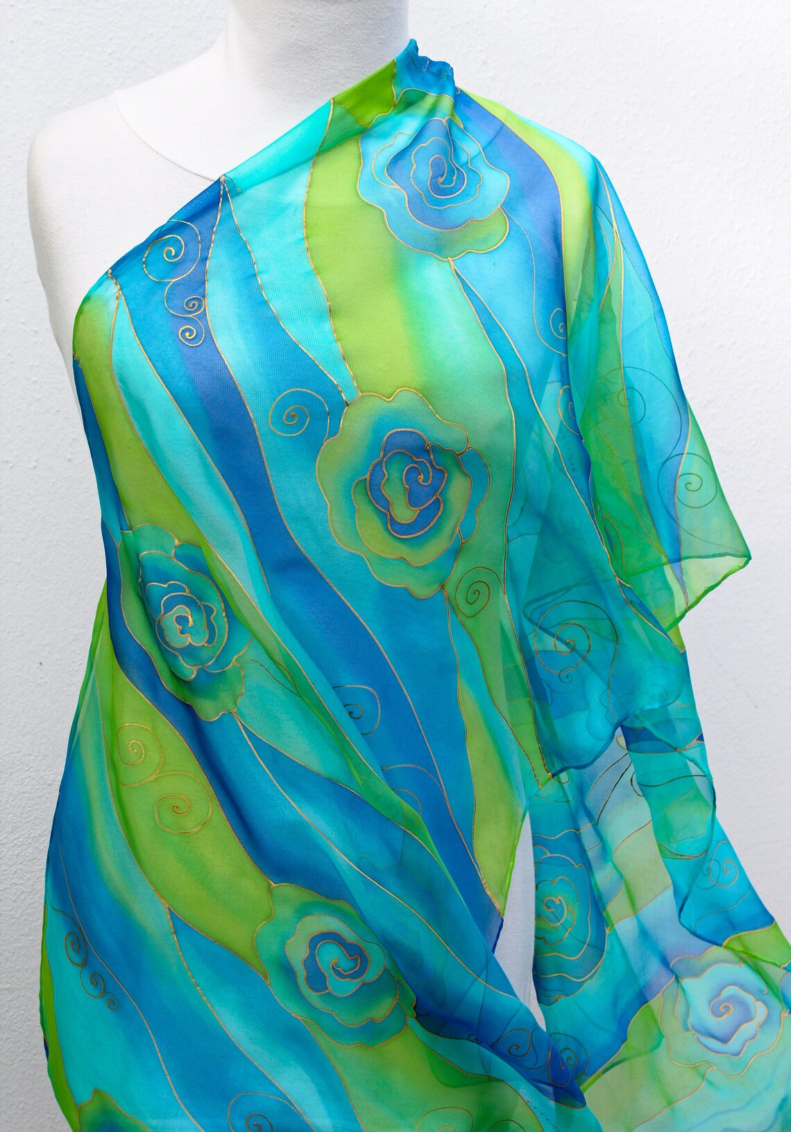 Long Blue Ocean Chiffon Silk Scarf Handpainted Sheer Azure | Etsy