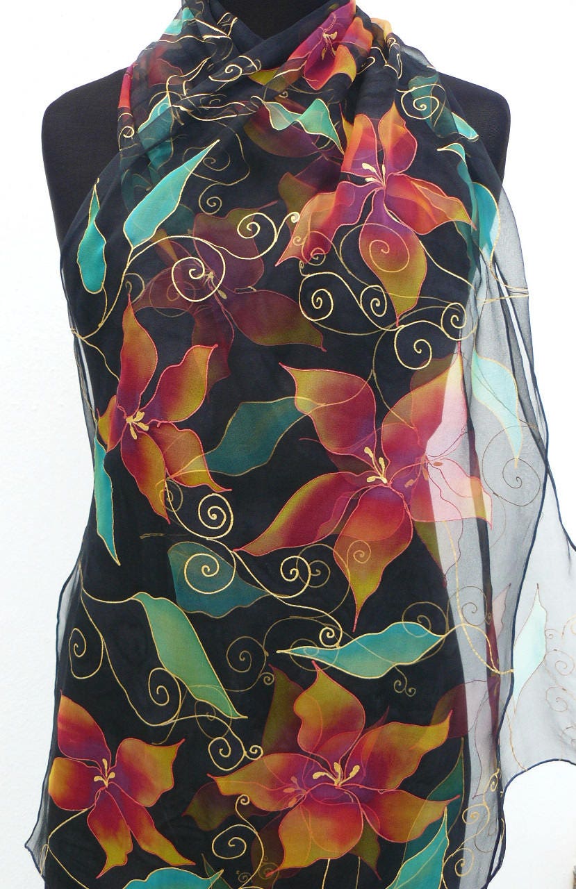 Hand Painted Silk Scarf - Sheer Chiffon Transparent Silk Wrap - Red ...