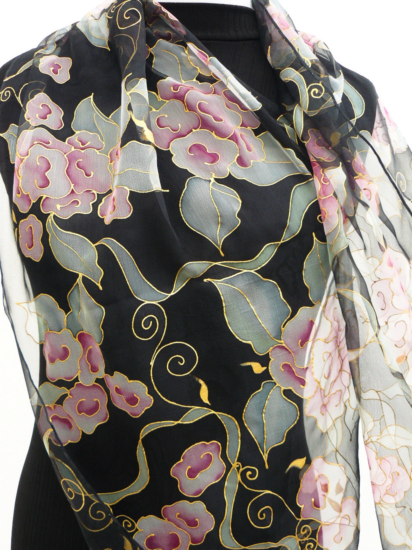 Chiffon BLACK SILK SCARF Handpainted Long Pink Flowers Gray Gold. Hand ...