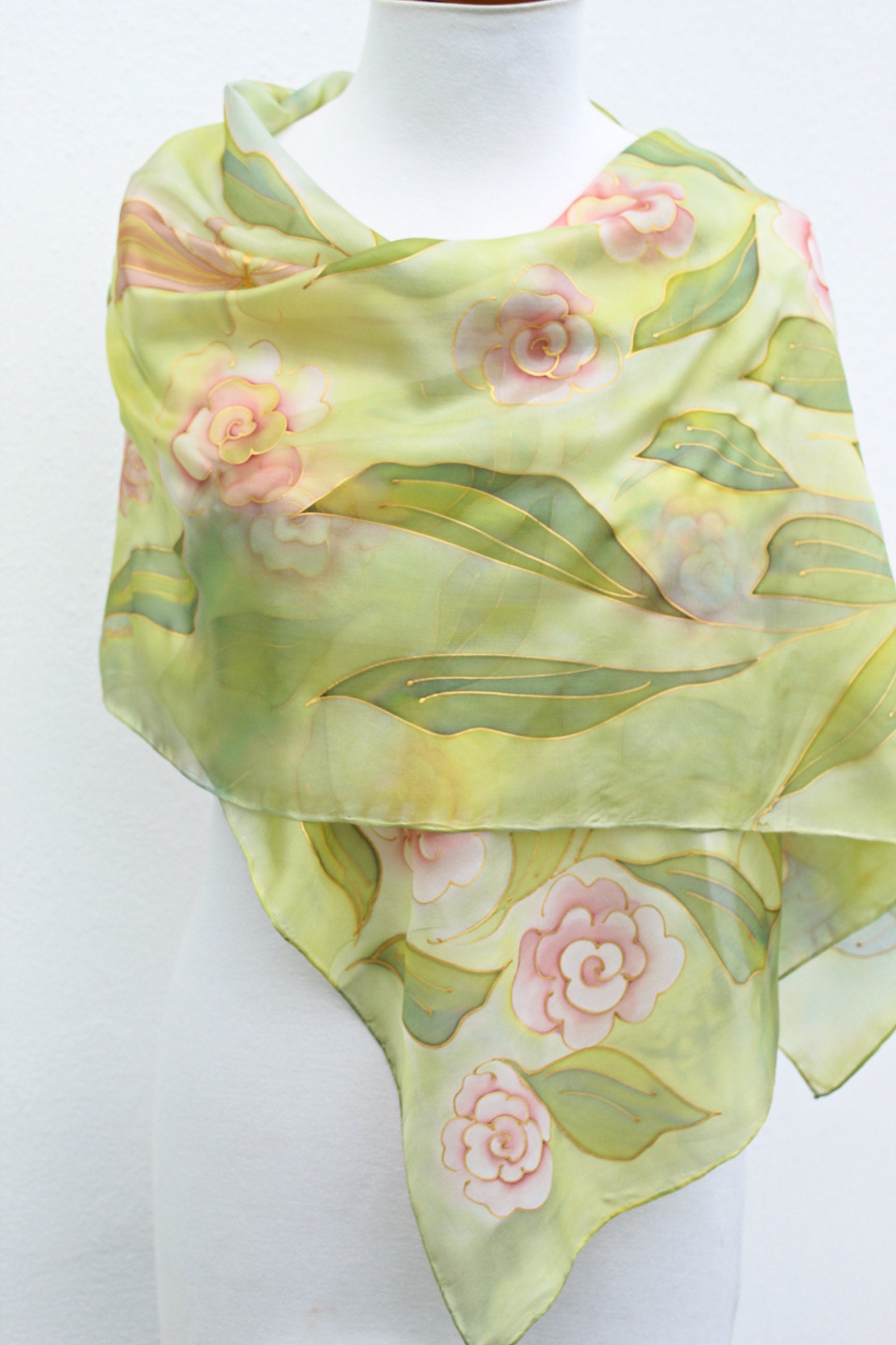 Long Floral Silk Scarf Hand Painted Green Light Pink Gold Silk Wrap ...