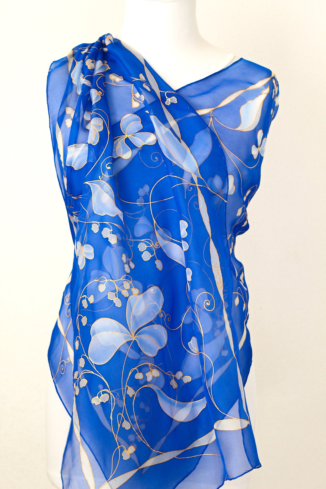 Blue Silk Scarf Hand Painted With White Flowers and Gold - Etsy