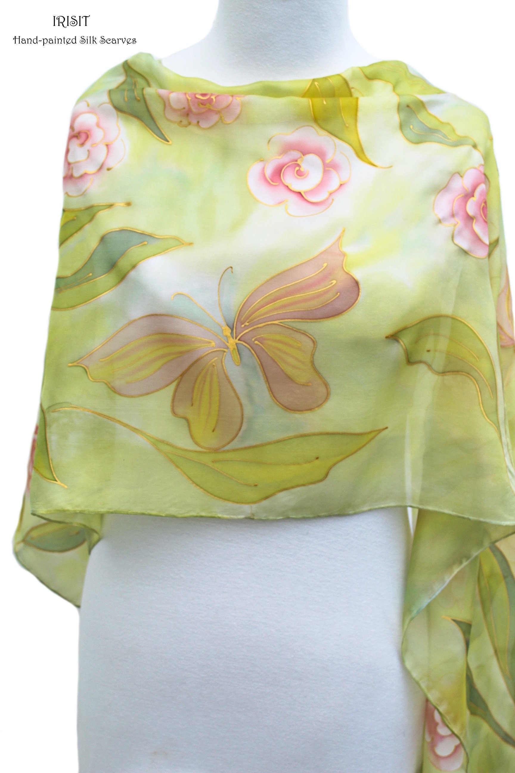 Long Floral Silk Scarf Hand Painted Green Light Pink Gold Silk Wrap ...