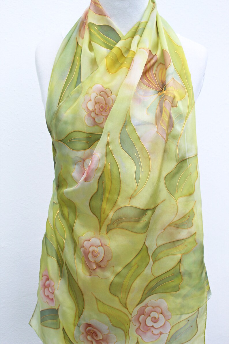 Long Floral Silk Scarf Hand Painted Green Light Pink Gold Silk Wrap ...