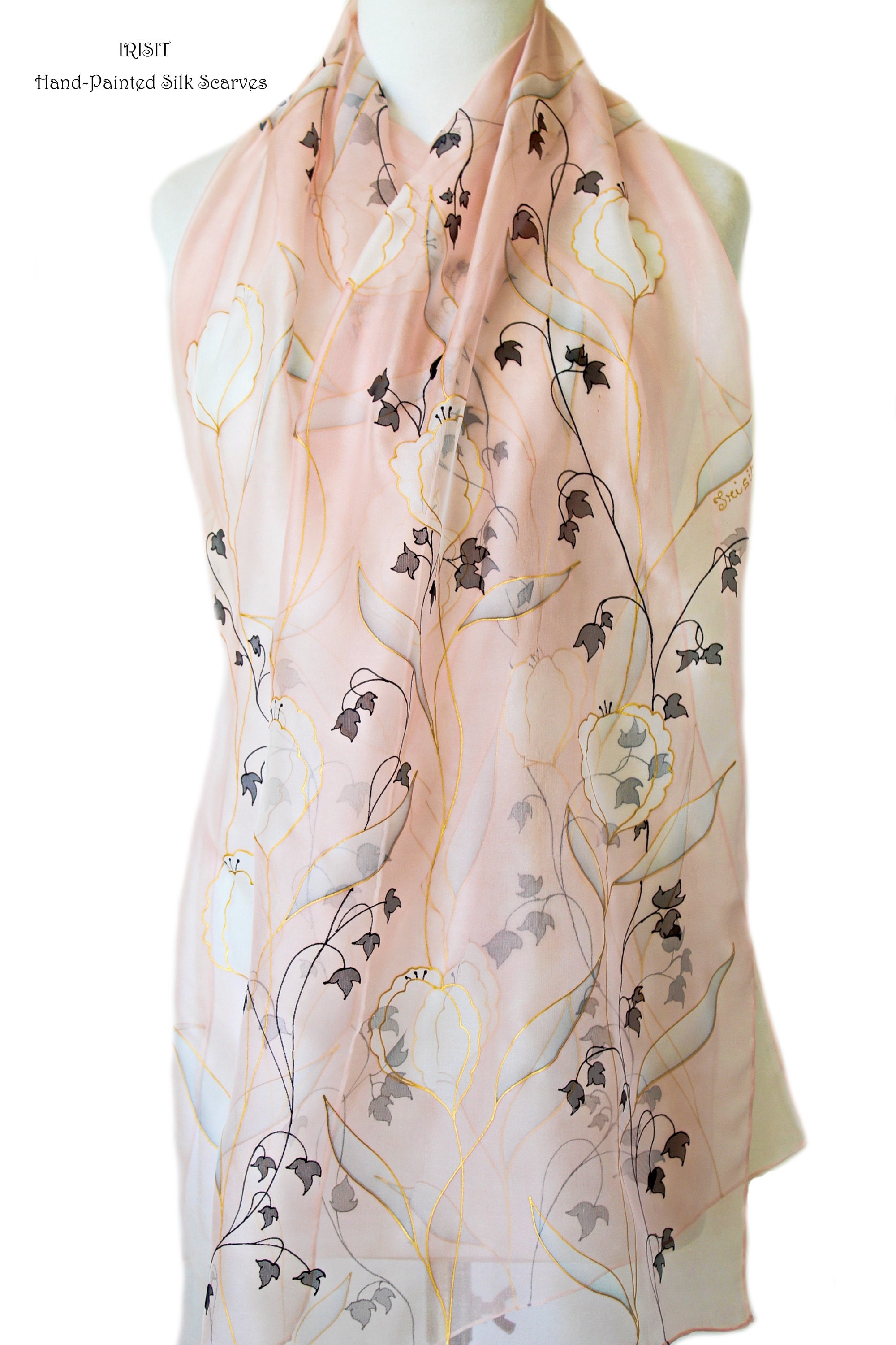 Blush Silk Scarf Long Handpainted - Rose Gold Chiffon Wrap - Dusty Pink ...