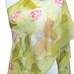 Long Floral Silk Scarf Hand Painted Green Light Pink Gold Silk Wrap ...