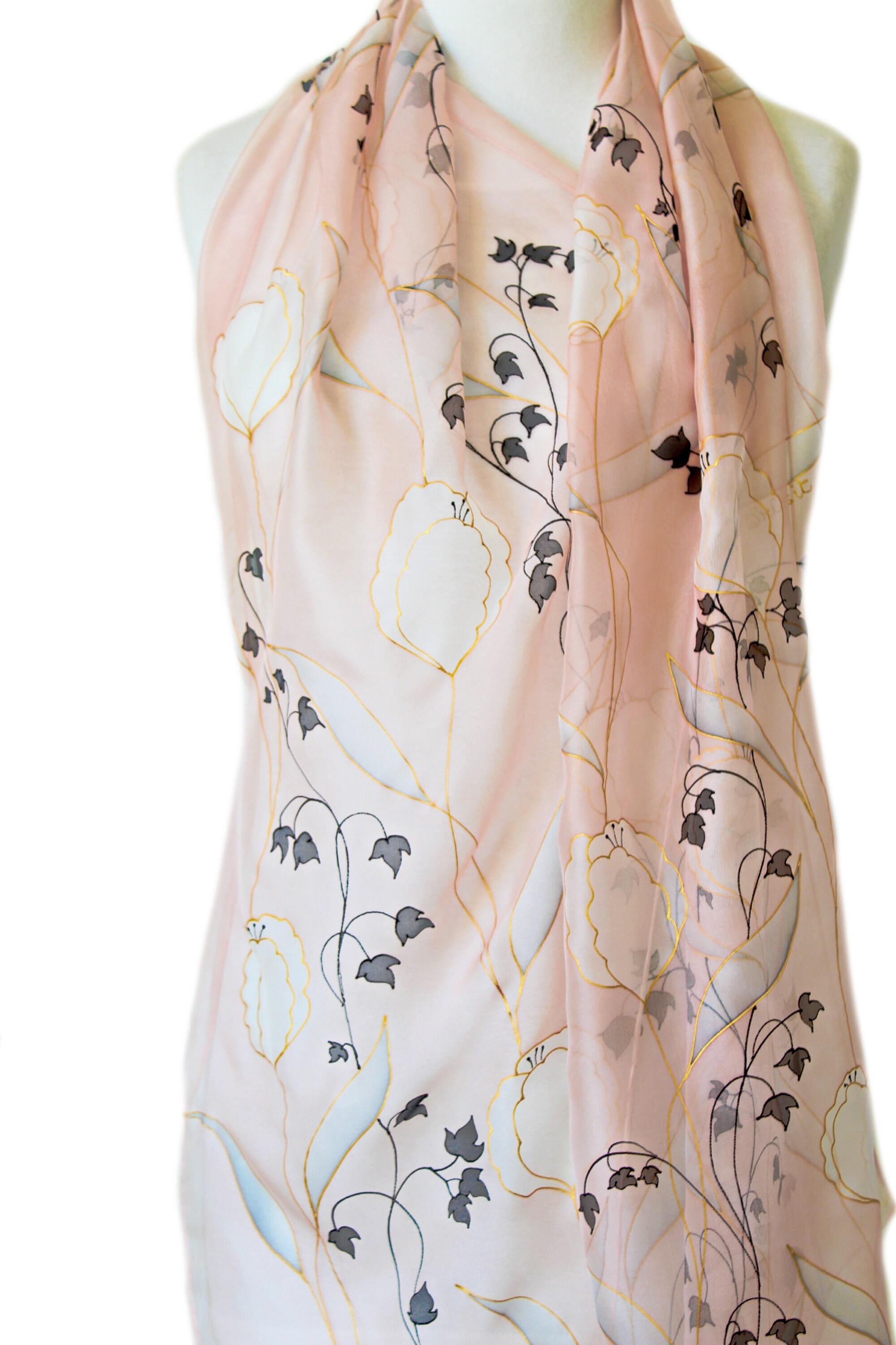 Blush Silk Scarf Long Handpainted - Rose Gold Chiffon Wrap - Dusty Pink ...