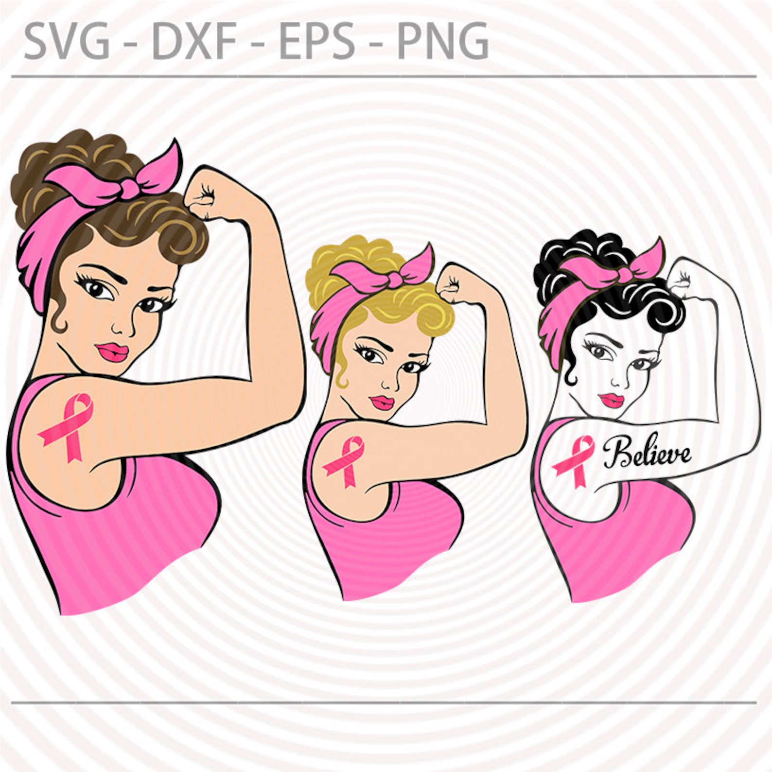 Breast Cancer Rosie Riveter SVG: Pink Ribbon, Girl Power (digital Files ...