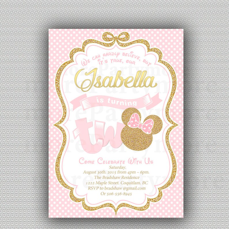 Pink and Gold Minnie Mouse Birthday Party Invitation First - Etsy