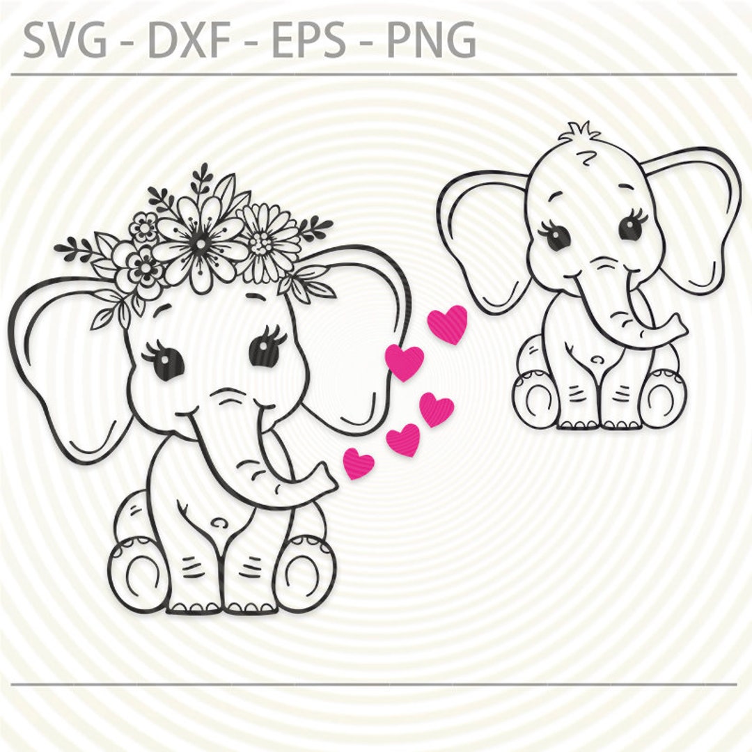 2 Designs Cute Baby Elephant Floral Flowers Crown Blowing Hearts ...