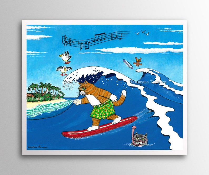 Surfing Cats the Perfect Wave Art Print Whimsical Cats - Etsy Hong Kong