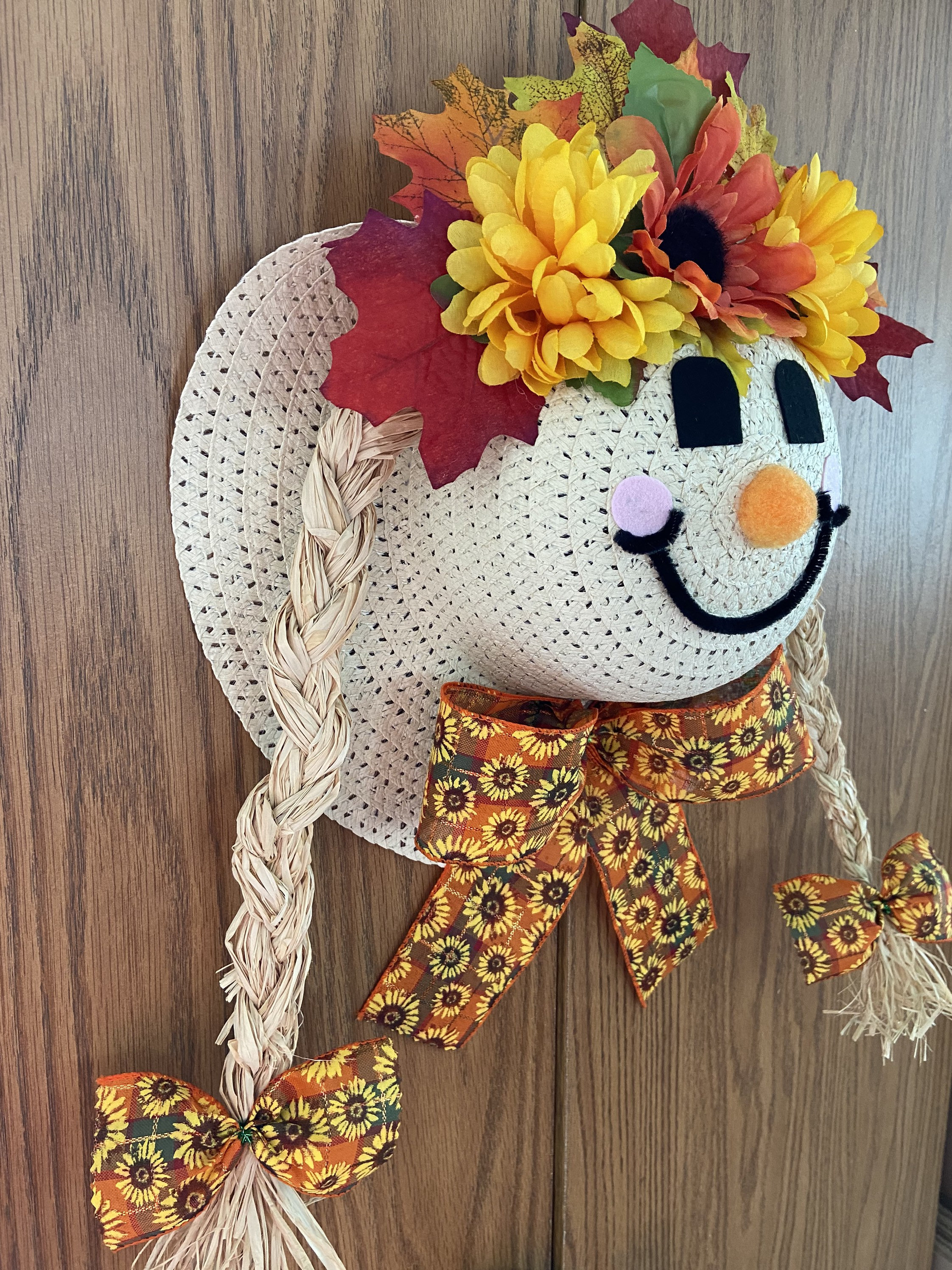 19" X 13" Fall Straw Hat Scarecrow Head W/ Pigtails Door Hanger/ Wreath ...
