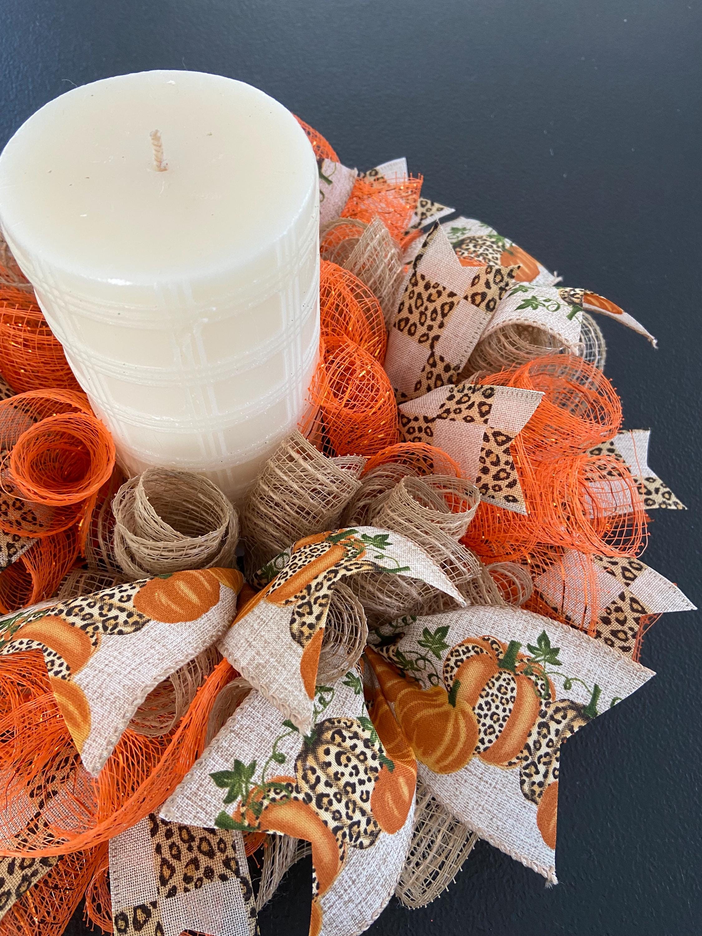 12” Fall Cheetah Pumpkin Deco Mesh Mini Centerpiece/candle Holder ...