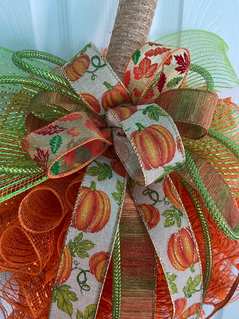 17” Fall / Autumn Deco Mesh Orange Pumpkin Wreath / Door Hanger With ...