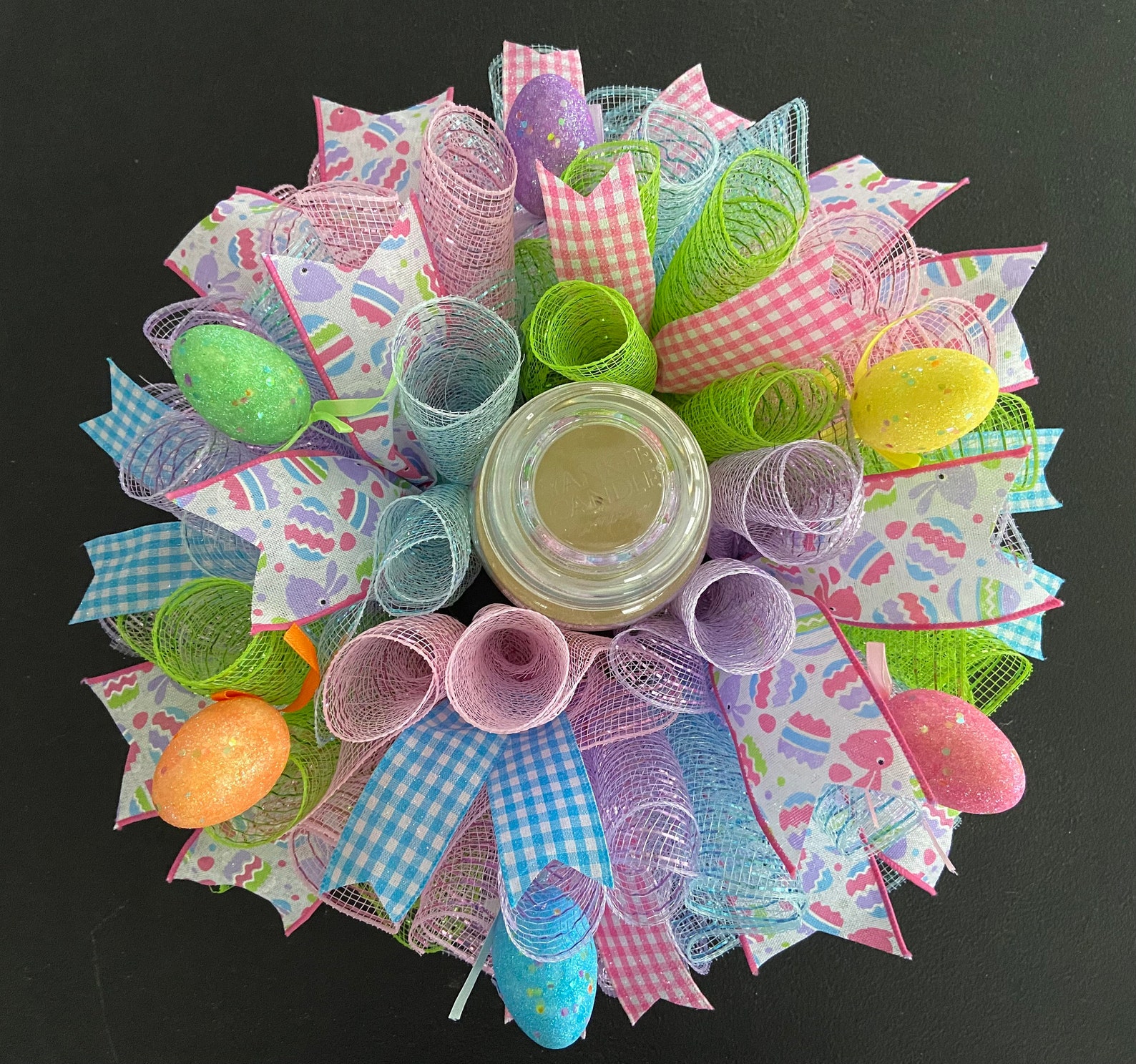 17" Easter Bunny & Eggs Deco Mesh Centerpiece/candle Holder ...