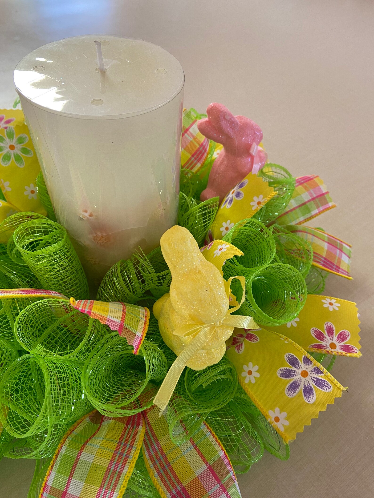 12” Spring Easter Deco Mesh Mini Centerpiece / Candle Holder With ...
