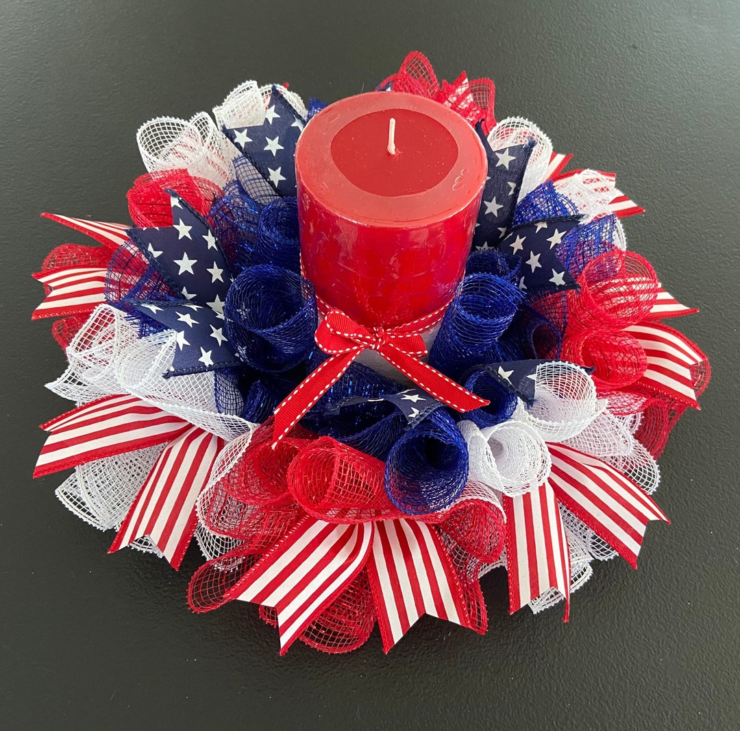 12” or 17” Patriotic / 4th of July Deco Mesh Centerpiece / Candle ...