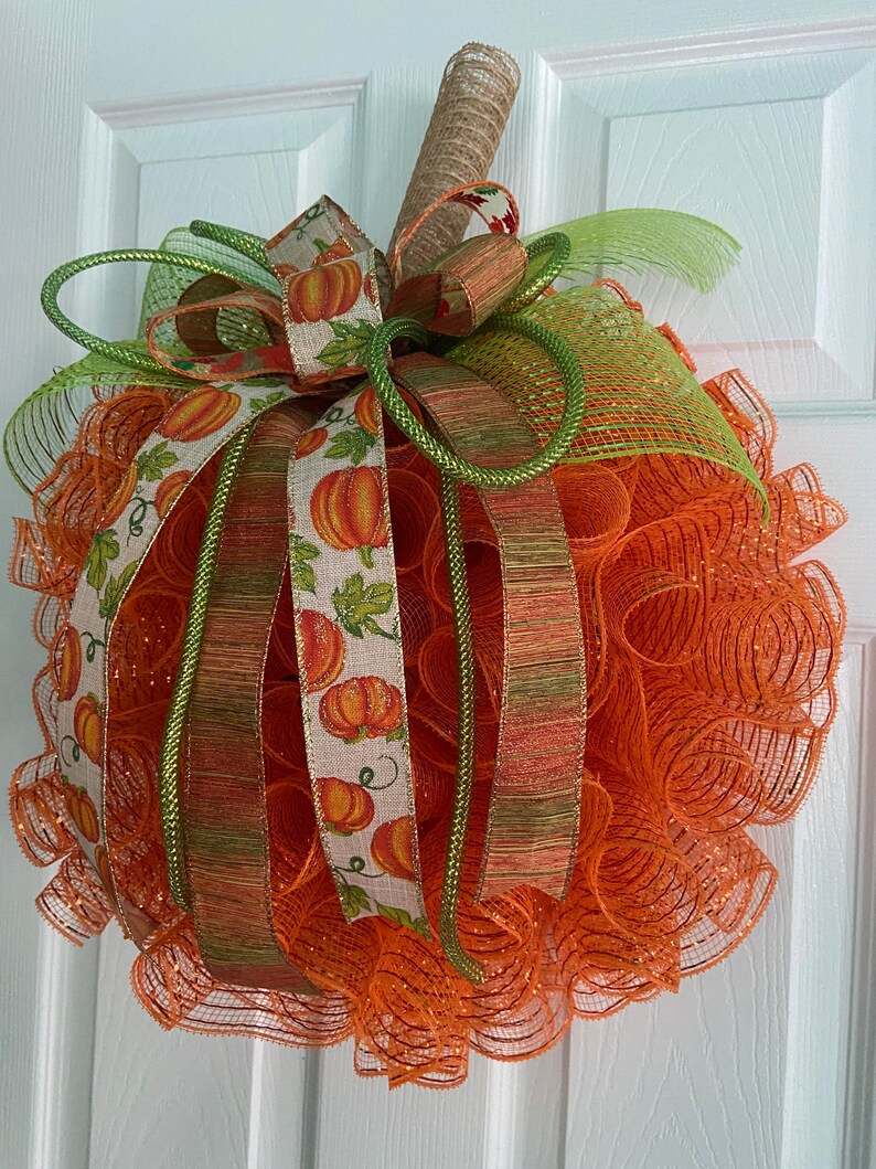 17” Fall / Autumn Deco Mesh Orange Pumpkin Wreath / Door Hanger With ...