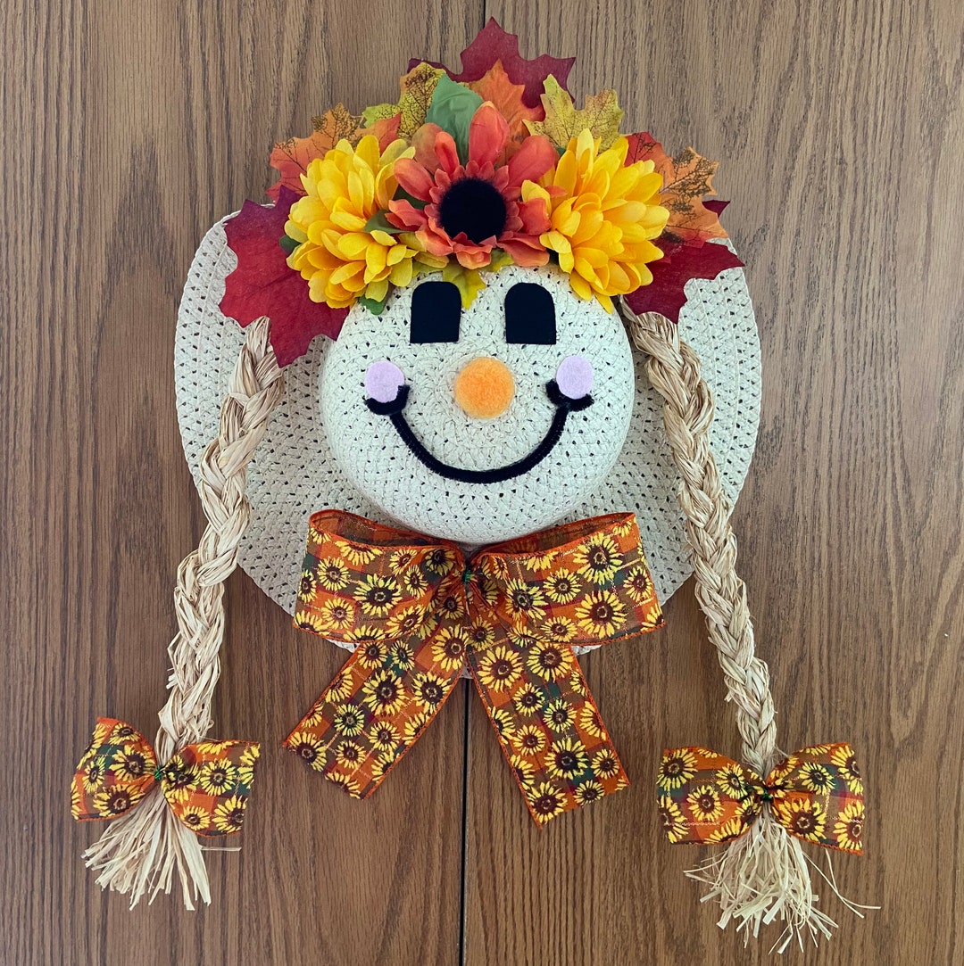 19" X 13" Fall Straw Hat Scarecrow Head W/ Pigtails Door Hanger/ Wreath ...