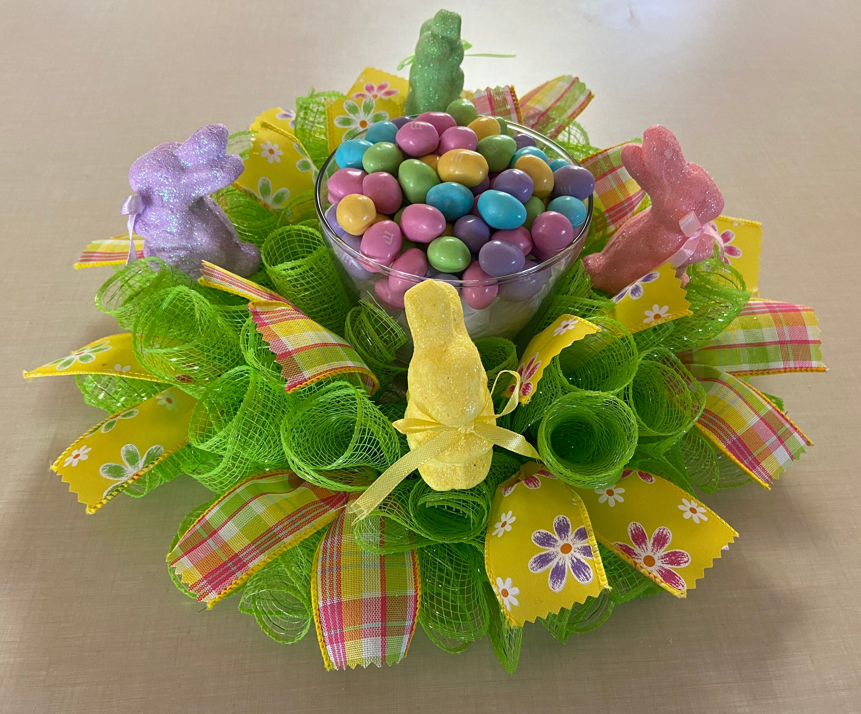 12” Spring Easter Deco Mesh Mini Centerpiece / Candle Holder With ...