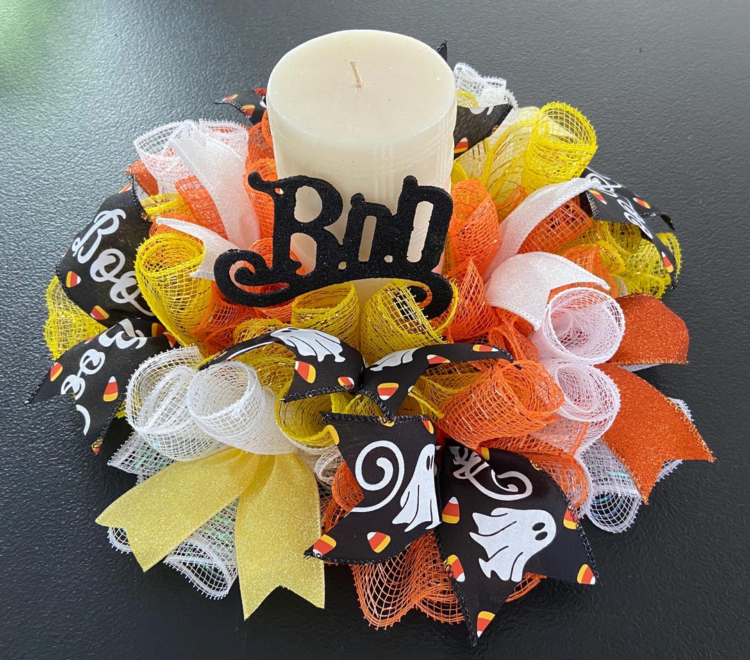 12” or 17” Fall Halloween Deco Mesh Ghost Candy Corn Boo Centerpiece ...