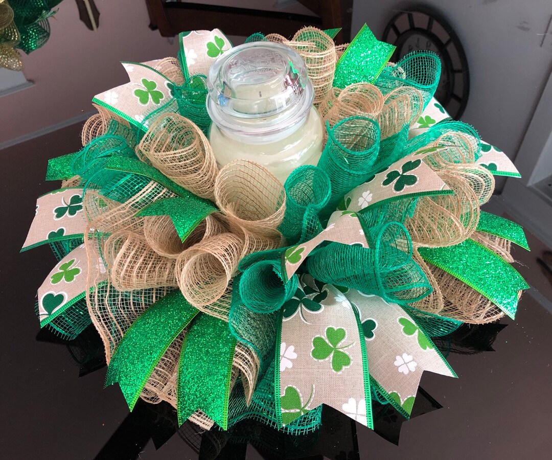 17" St. Patricks Deco Mesh Shamrock Centerpiece/candle Holder - Burlap ...