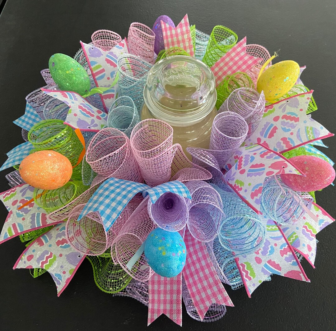 17" Easter Bunny & Eggs Deco Mesh Centerpiece/candle Holder ...