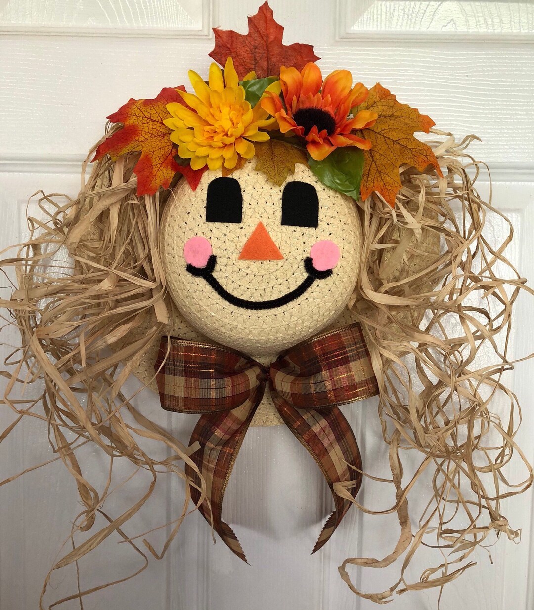 18" X 13" Fall Straw Hat Scarecrow Head Door Hanger With Flowers/leaves ...