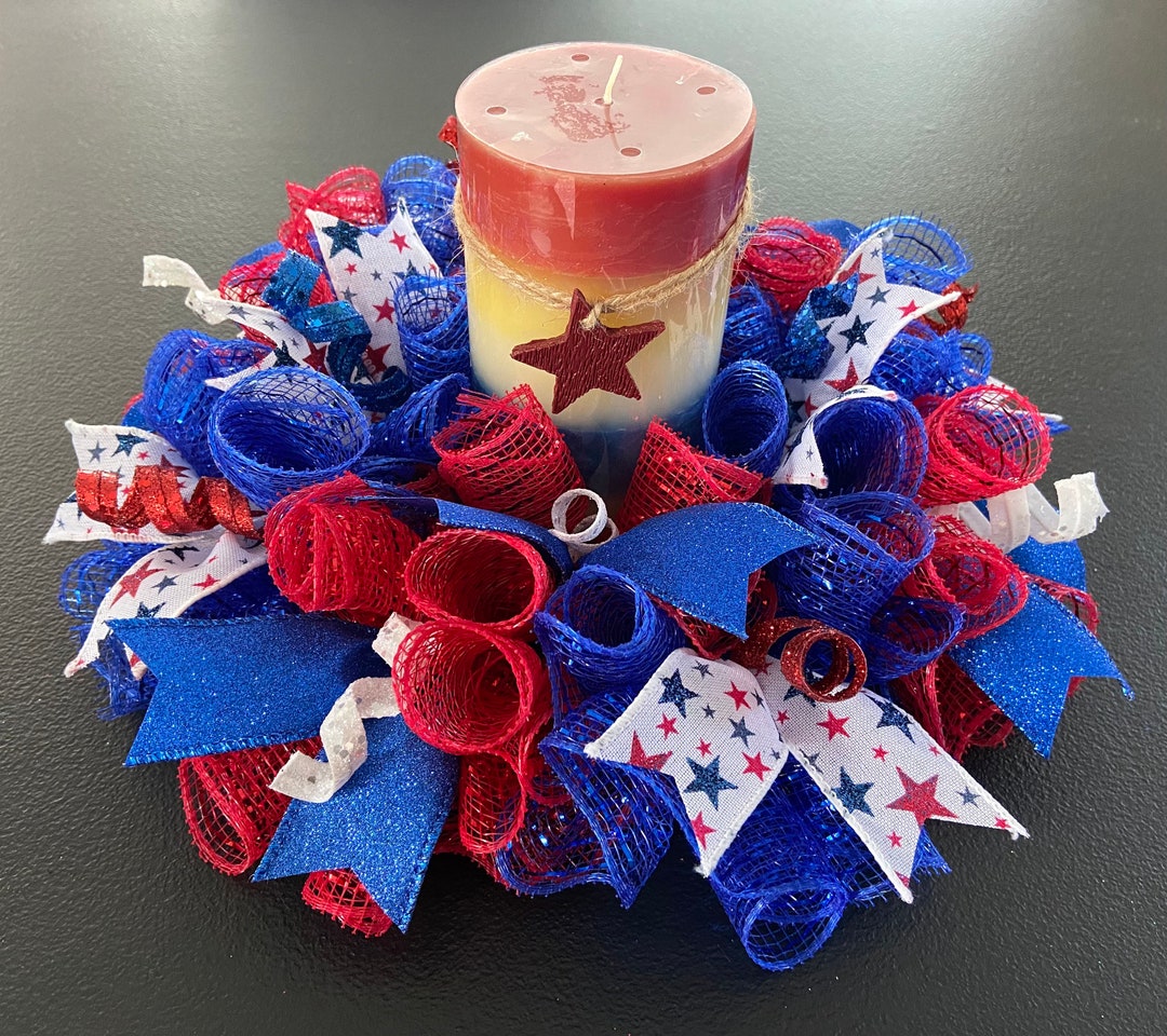 12” Patriotic 4th of July Star Deco Mesh Mini Centerpiece / Candle ...
