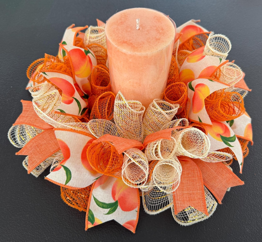 12” or 17” Summer Fruit Peach Deco Mesh Centerpiece / Candle Holder ...