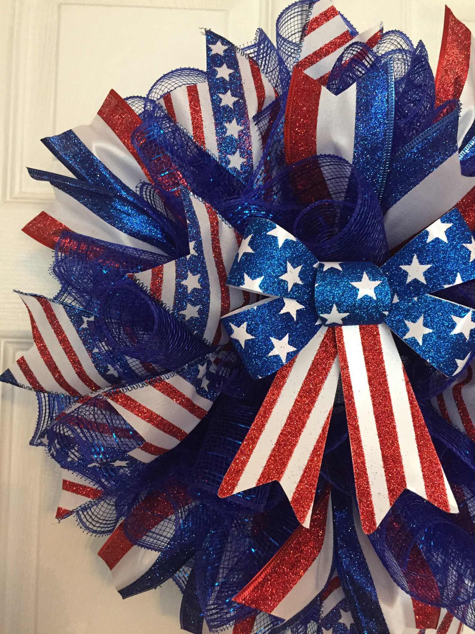 17" Patriotic/memorial Day/4th of July Deco Mesh Wreath With Bow - Blue ...