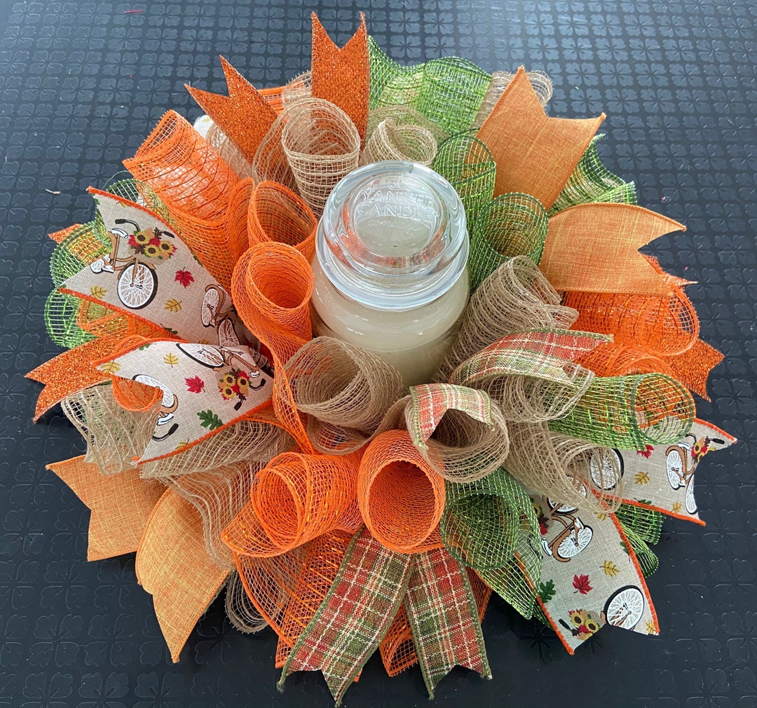 17” Fall Deco Mesh Bicycle Centerpiece / Candle Holder - Burlap/green ...