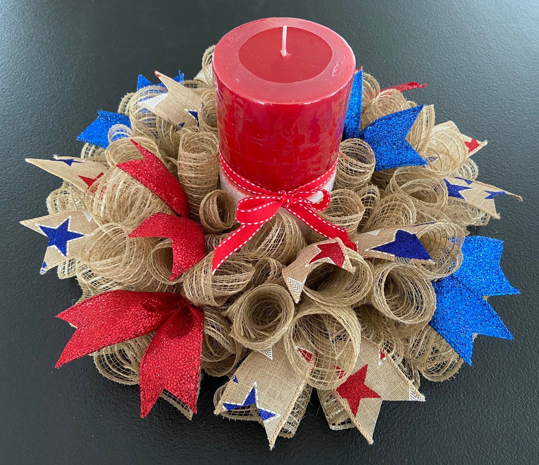12” or 17" Patriotic / July 4th Star Deco Mesh Centerpiece / Candle ...