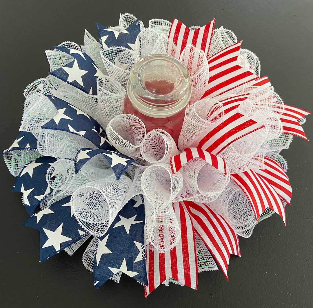 12” or 17” Patriotic/ 4th of July Deco Mesh Centerpiece / Candle Holder ...