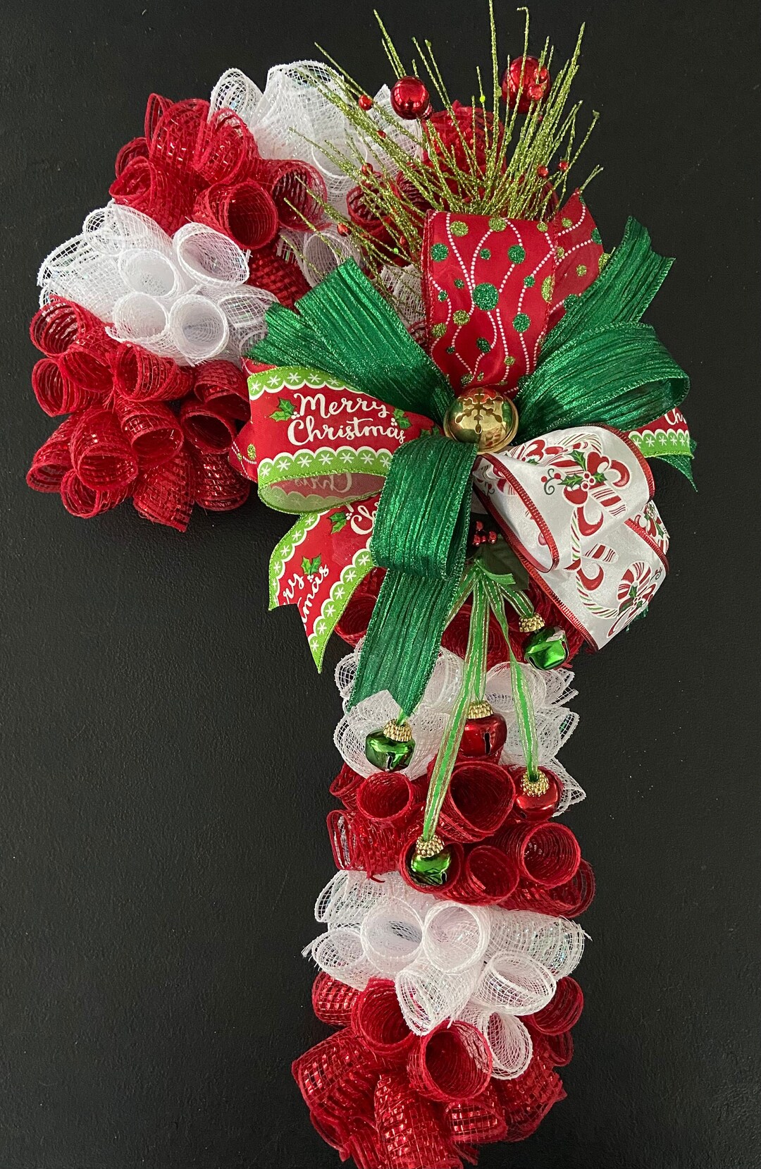 24” Christmas Deco Mesh Candy Cane Door Hanger Wreath W/ Bow & Jingle ... 24” Christmas Deco Mesh Candy Cane Door Hanger Wreath W/ Bow & Jingle ...