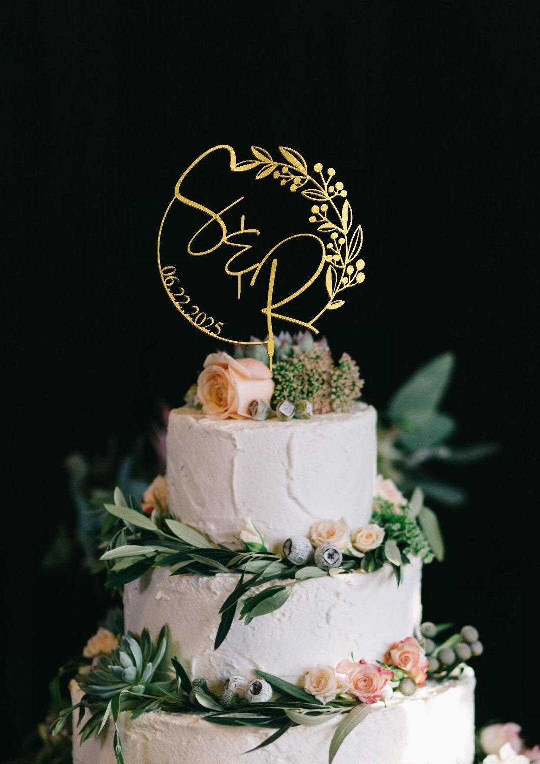 Custom Initial Wedding Cake Toppers With Date Gold Monogram Wedding Cake Topper Boho ...