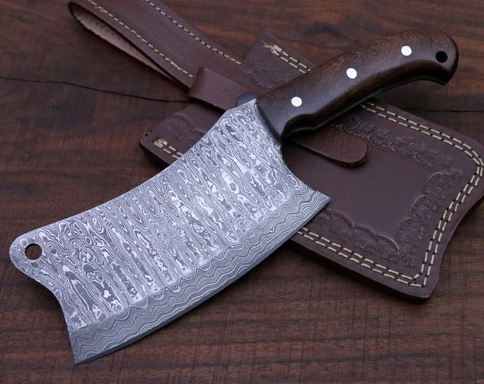 Handmade Damascus Cleaver With Walnut Wood Handle. Hunting, Meat Cleaver, Kitchen Cutlery ...