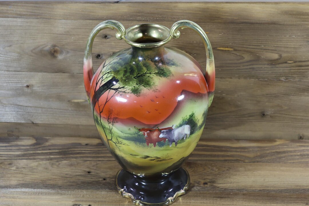 Vintage Hand Painted Nippon Landscape Vase COWS and Gold Trim 10"tall ...