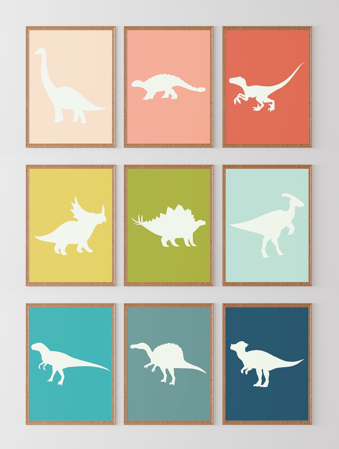 Rainbow Dinosaur Silhouette Art Prints | Set of 9 Nursery Prints ...