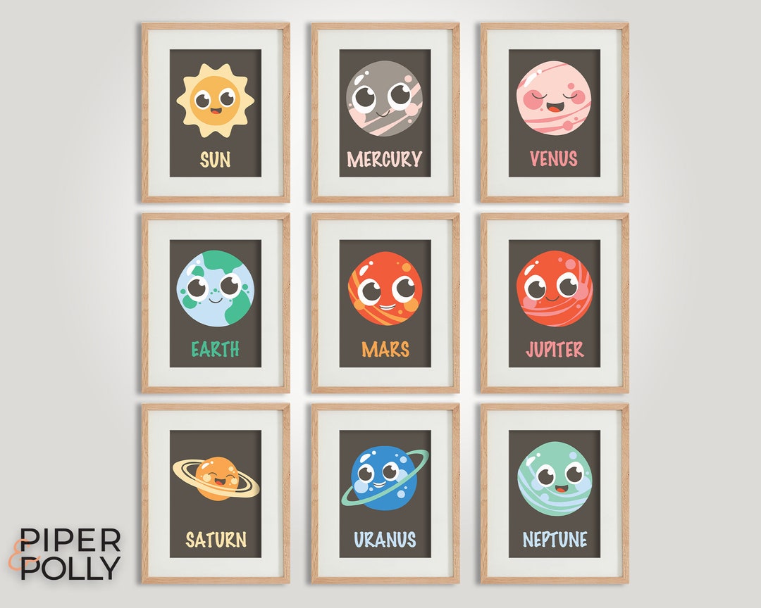 Cartoon Planets Art Prints on Grey | Set of 9 Prints | Outer Space ...