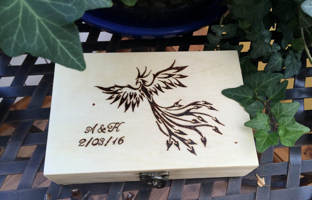 Personalized wood box Phoenix pyrography art. Wood burned | Etsy