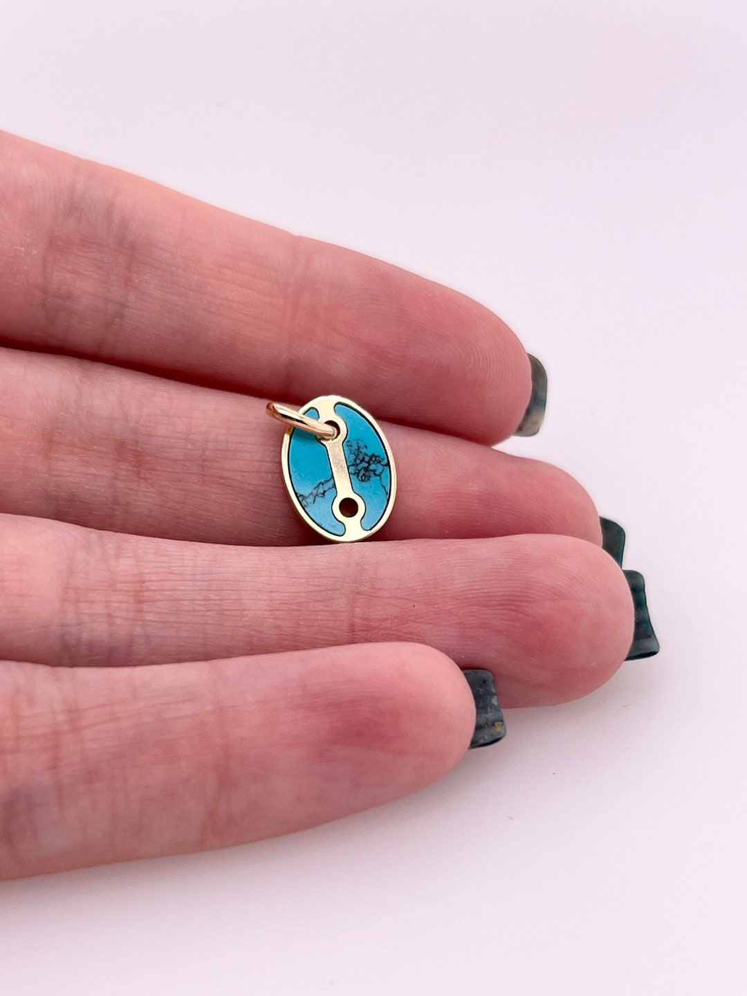 14K Yellow Gold Oval Shape Button Turquoise Pendant for Necklace Dainty ...