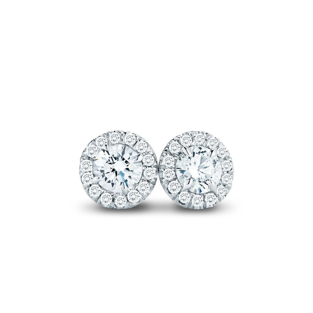 Halo Round Brilliant Diamond Push Back Stud Earrings 14K White Gold 0. ...