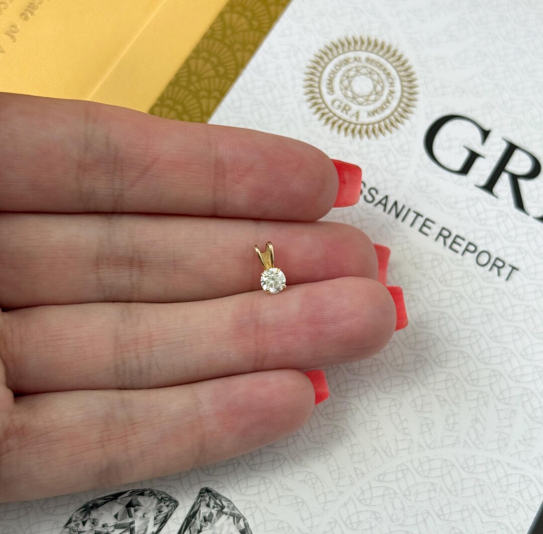 14K Yellow Gold Round GRA Certified Moissanite Pendant Solitaire ...