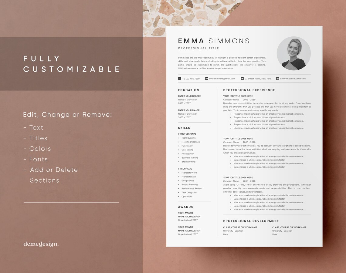 COMPACT 1 Page Resume Template With Photo Cover Letter | Etsy